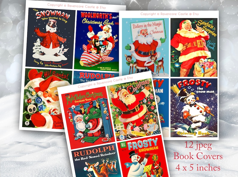 12 Vintage Christmas Book Cover Images 4x5 Inch Download Santa Tree ...