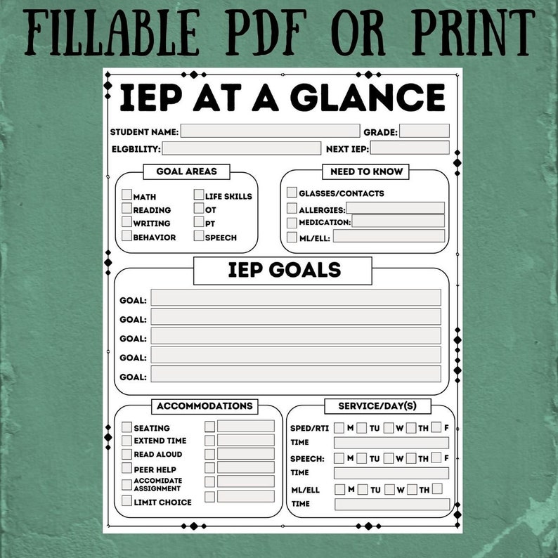 Fillable IEP at A Glance Forms: SPED Teacher Planner (PDF Downloadable ...