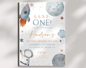 Editable First Trip Around the Sun Blue Birthday Invitation, 1st Birthday Boy Party Invite ...