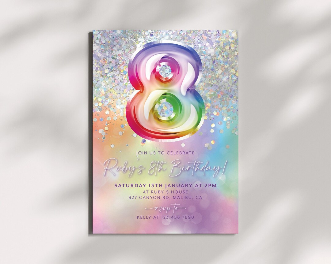 Rainbow 8th Birthday Invitation Template: Foil Balloon, Glitter ...