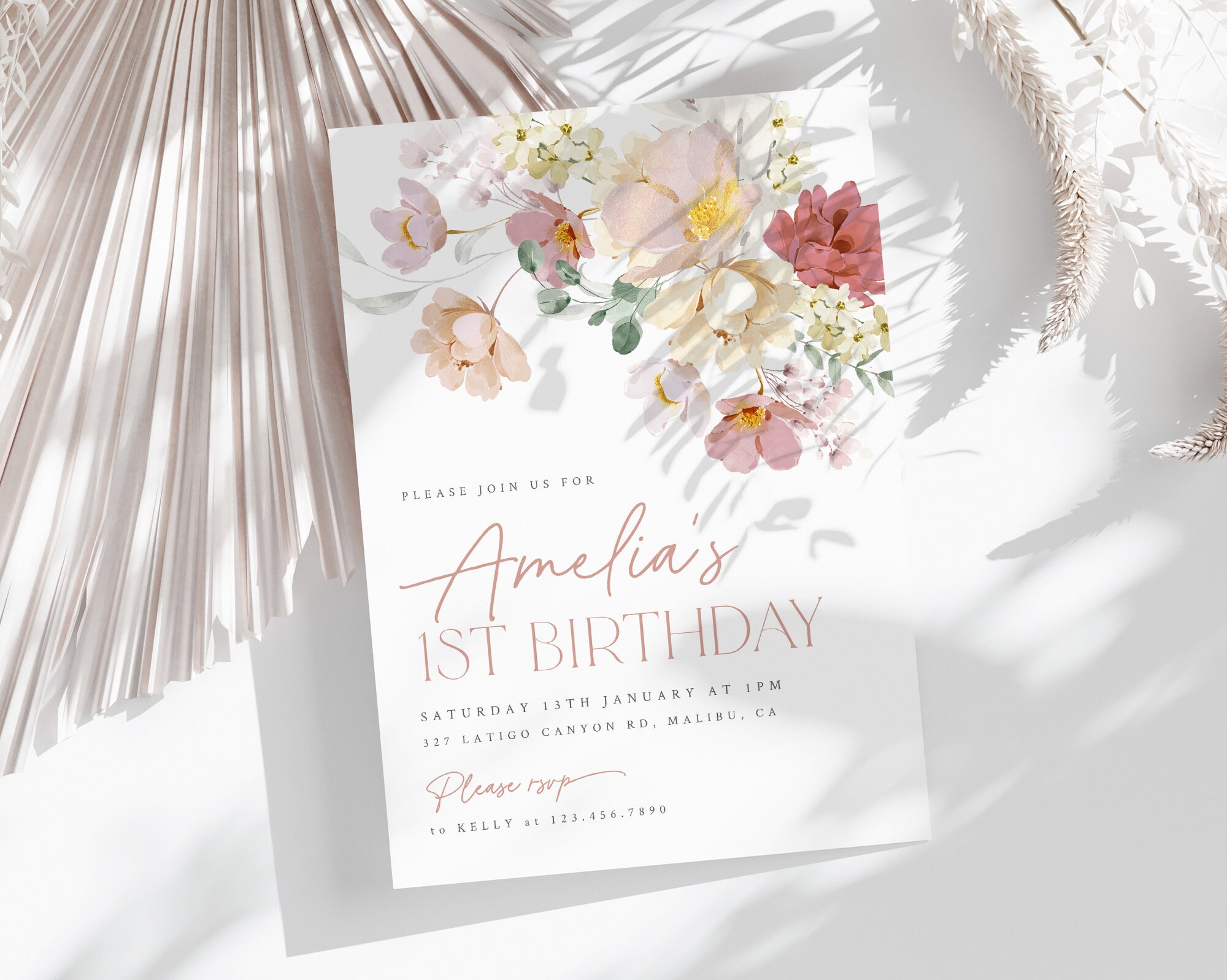 First Birthday Invitation Girl, Floral 1st Birthday Invite, Girls ...
