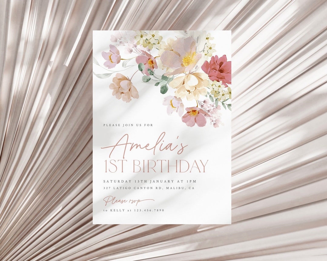 First Birthday Invitation Girl, Floral 1st Birthday Invite, Girls ...