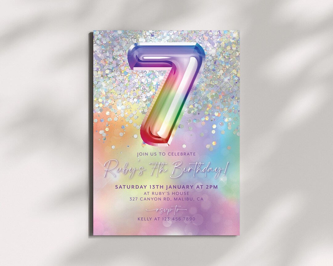 Rainbow 7th Birthday Invitation Template, Foil Balloon Invitation ...