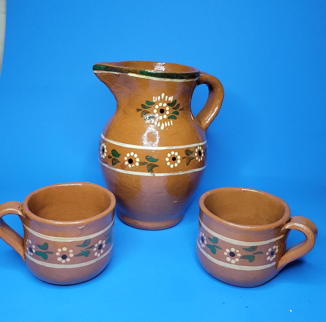 Jarra de barro con vasos, barro, hecho en Mexico, artesanias, artesabal ...