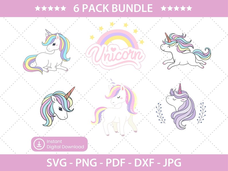 Paquete de unicornio SVG 6 piezas PNG PDF Descarga - Etsy México