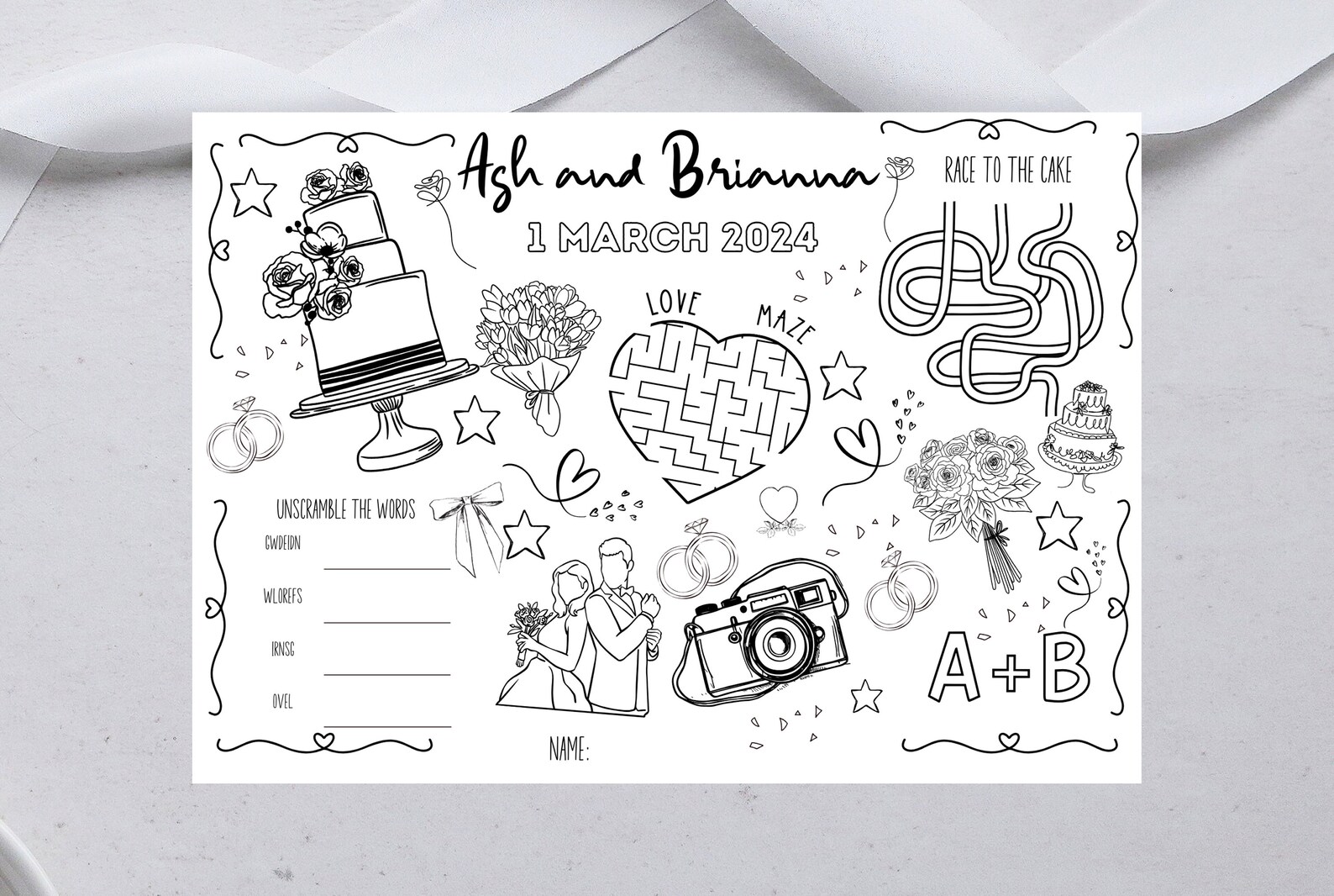 Printable Wedding Colouring Placemat, Activity Mat, Reception Game ...