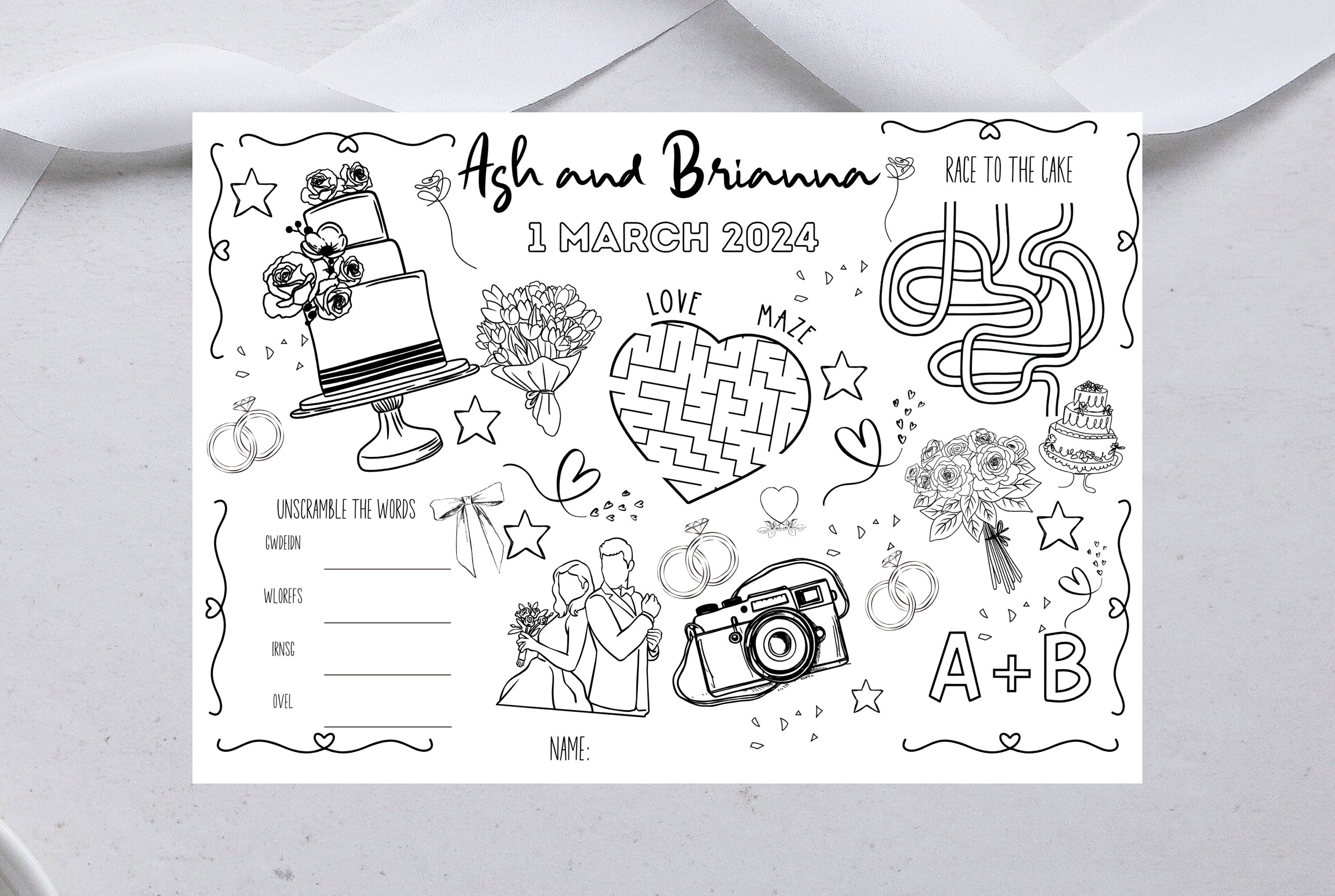 Printable Wedding Colouring Placemat, Activity Mat, Reception Game ...