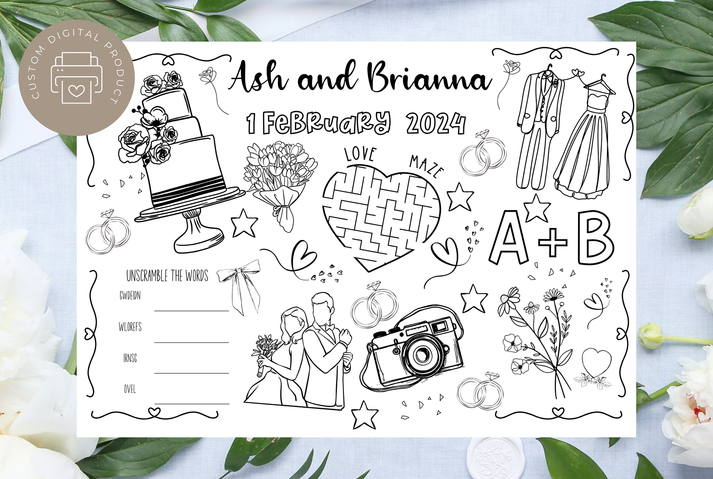 Printable Wedding Colouring Placemat, Activity Mat, Reception Game ...