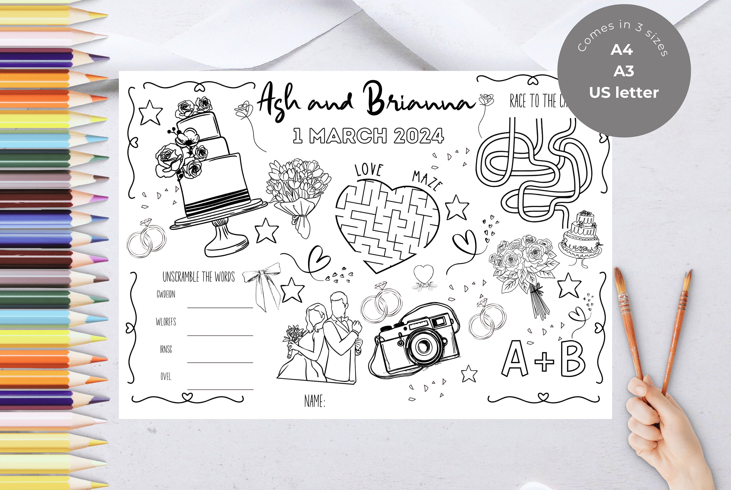 Printable Wedding Colouring Placemat, Activity Mat, Reception Game ...