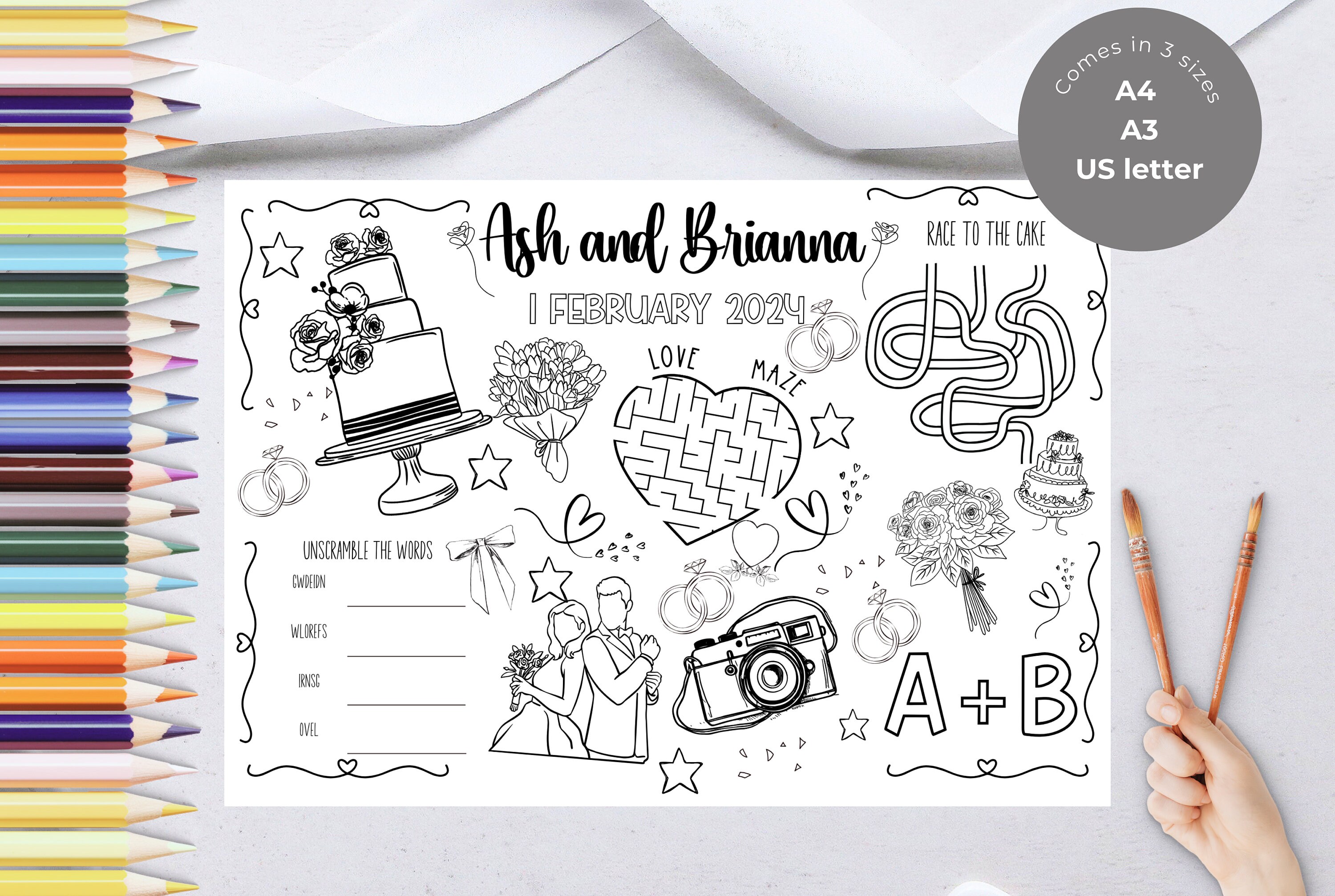 Printable Wedding Colouring Placemat, Activity Mat, Reception Game ...