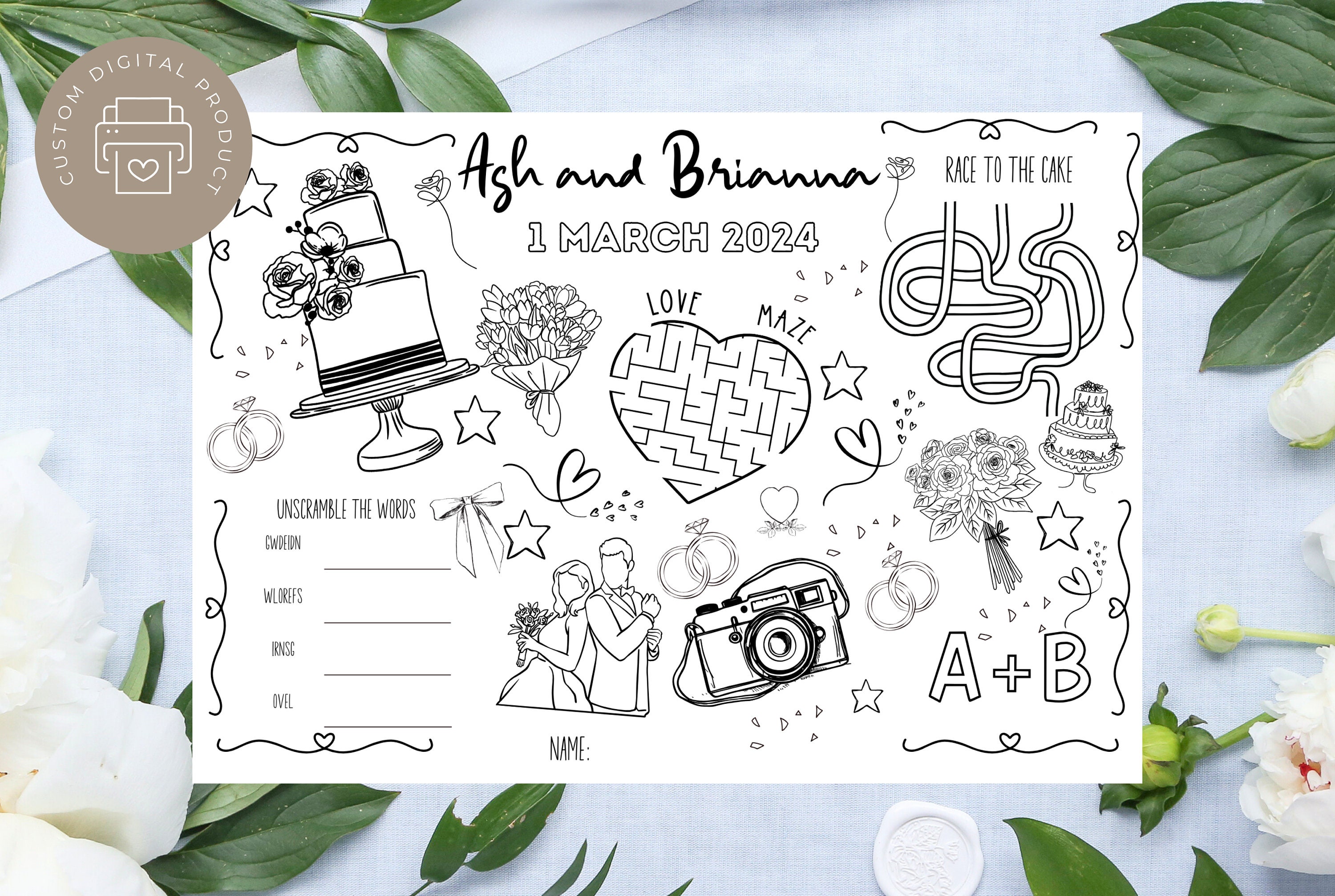 Printable Wedding Colouring Placemat, Activity Mat, Reception Game ...