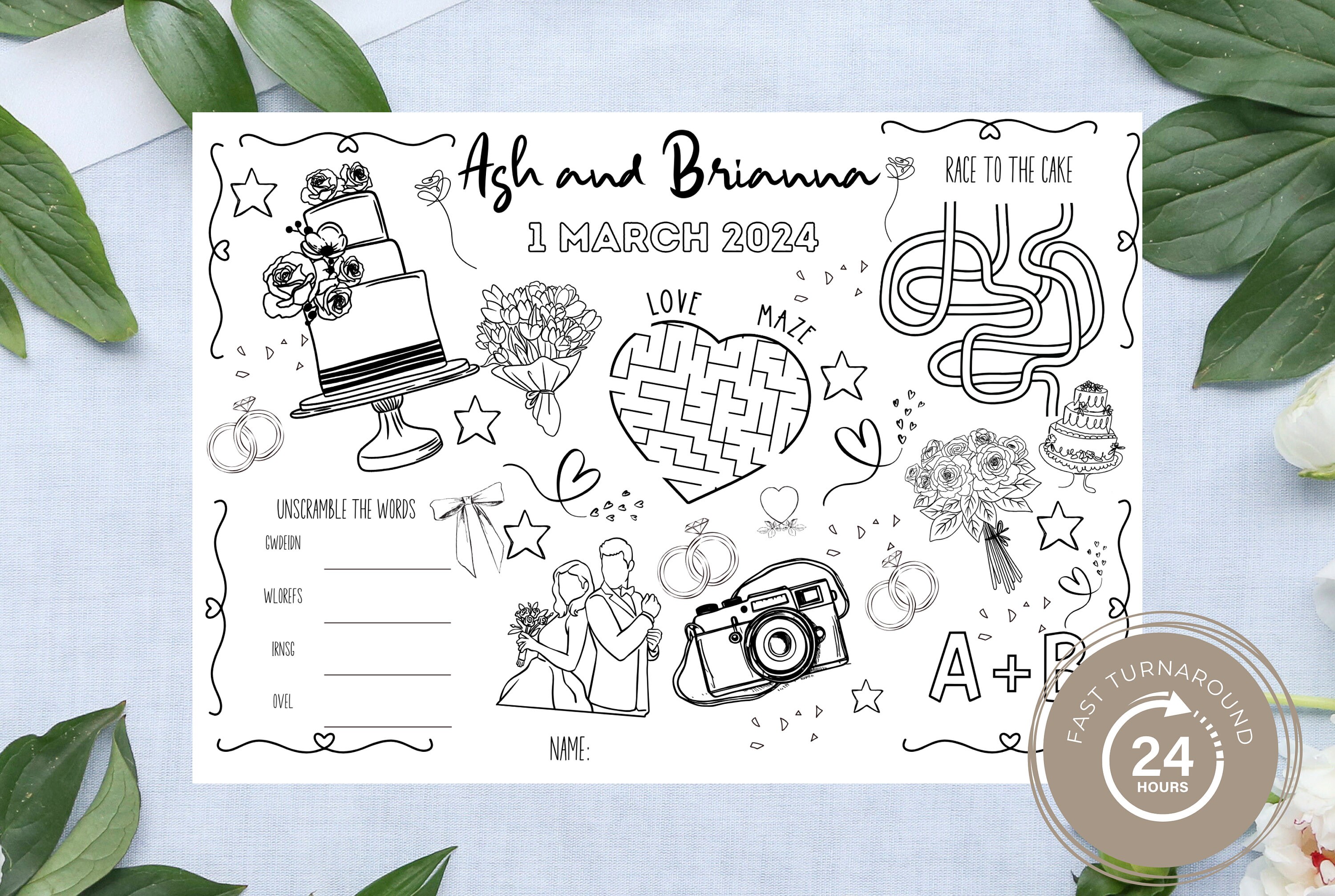 Printable Wedding Colouring Placemat, Activity Mat, Reception Game ...