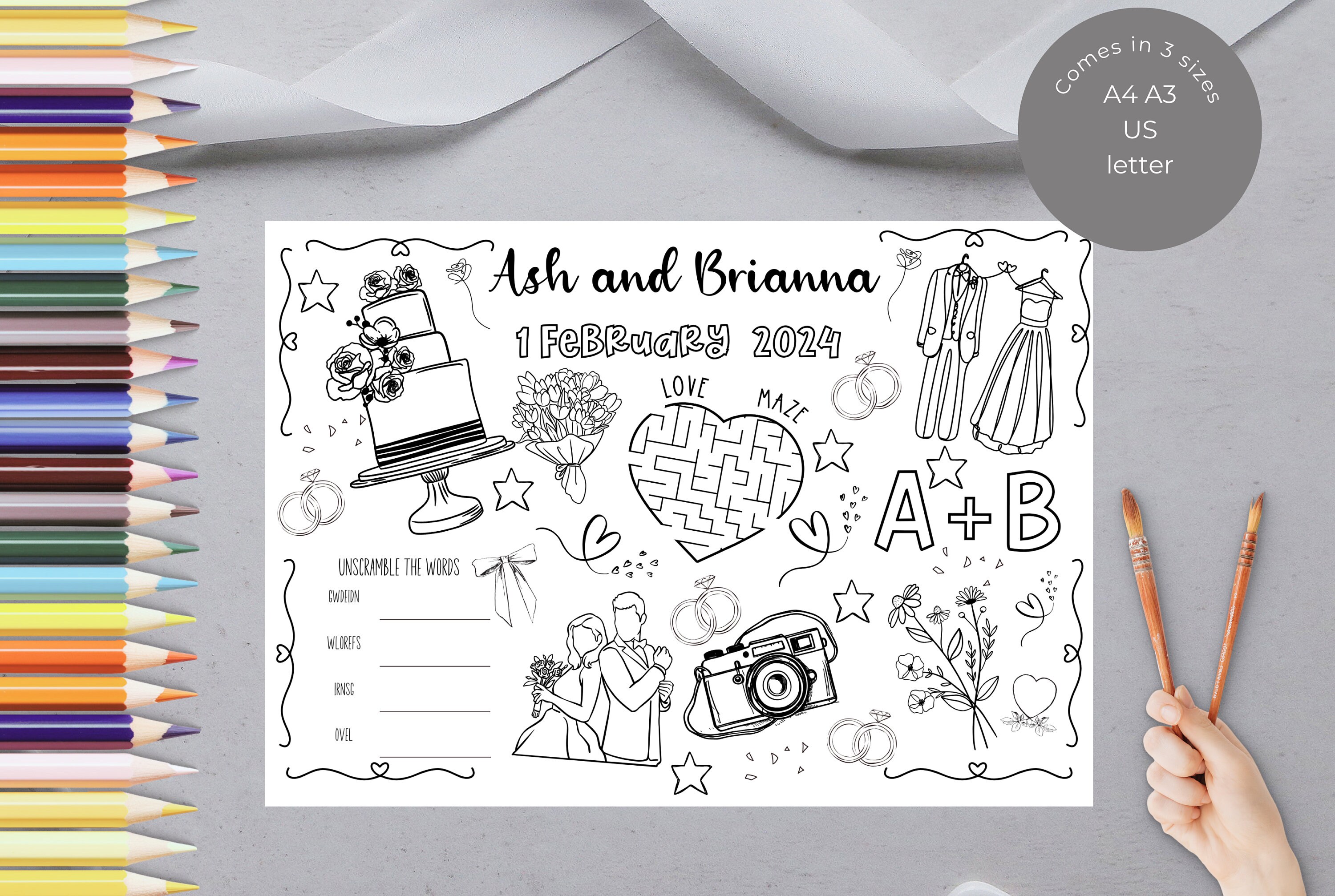 Printable Wedding Colouring Placemat, Activity Mat, Reception Game ...