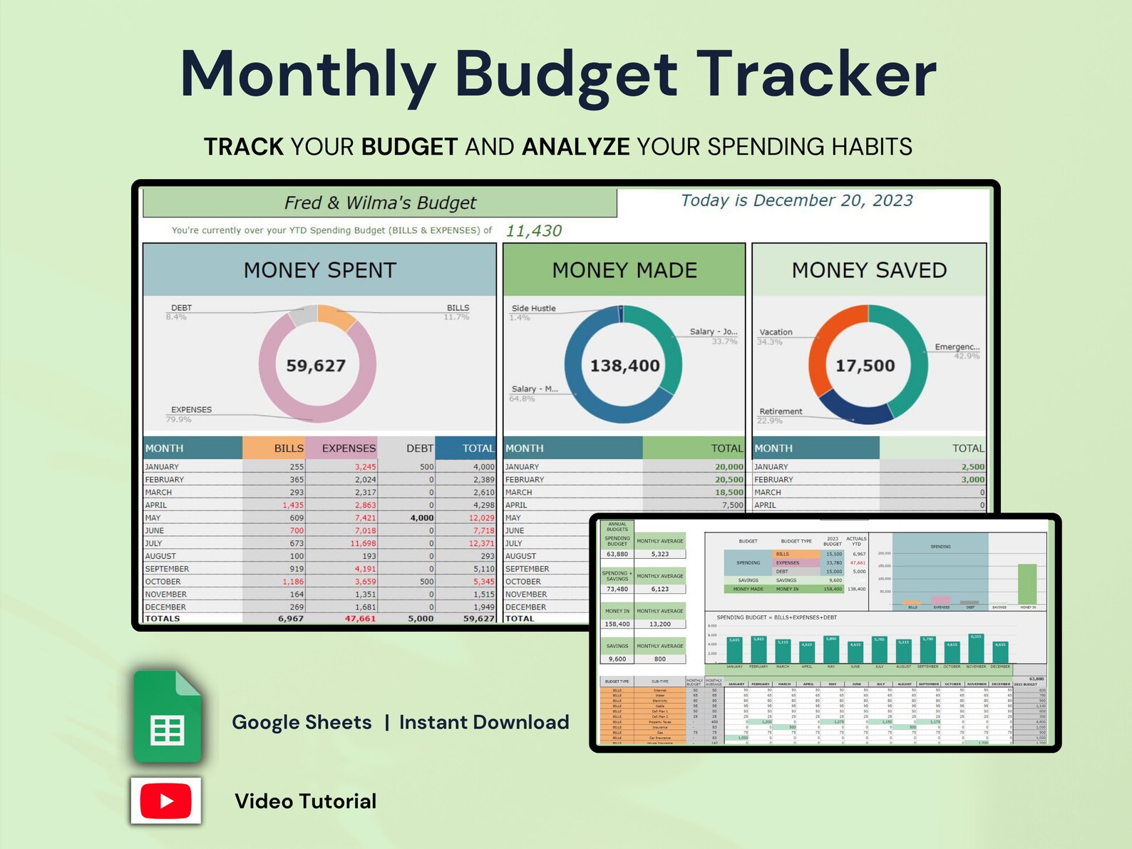 Google Sheets Annual and Monthly Budget Tracker - Where's My Money - Etsy