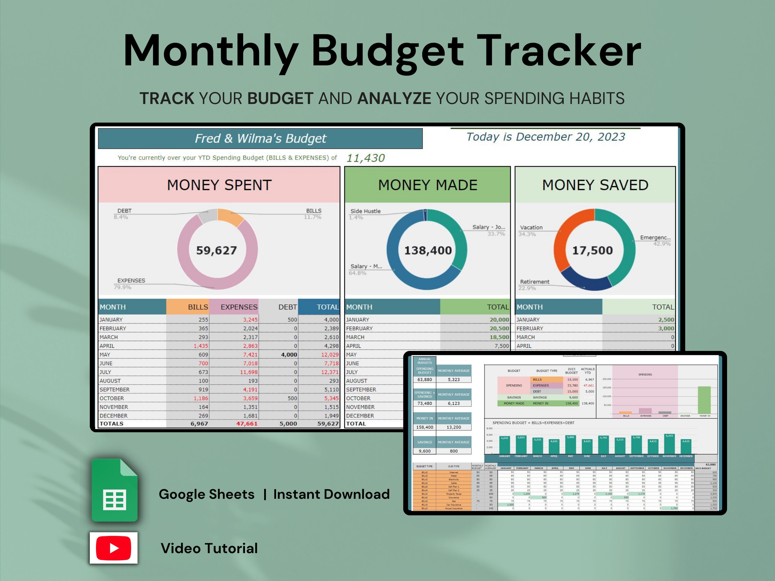 Google Sheets Annual and Monthly Budget Tracker - Where's My Money - Etsy