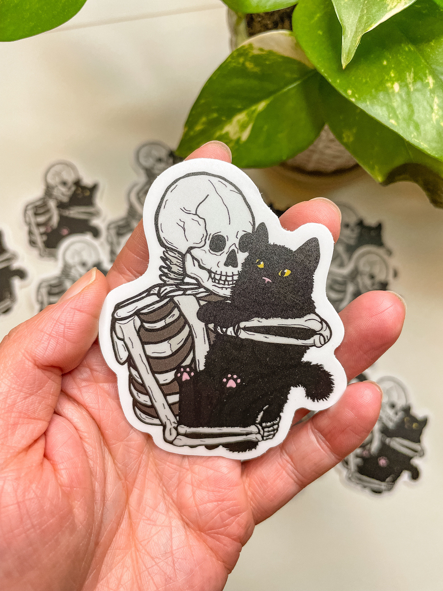 Skeleton Hugging Kitty Original Artwork Sticker for Halloween Lover Cat ...