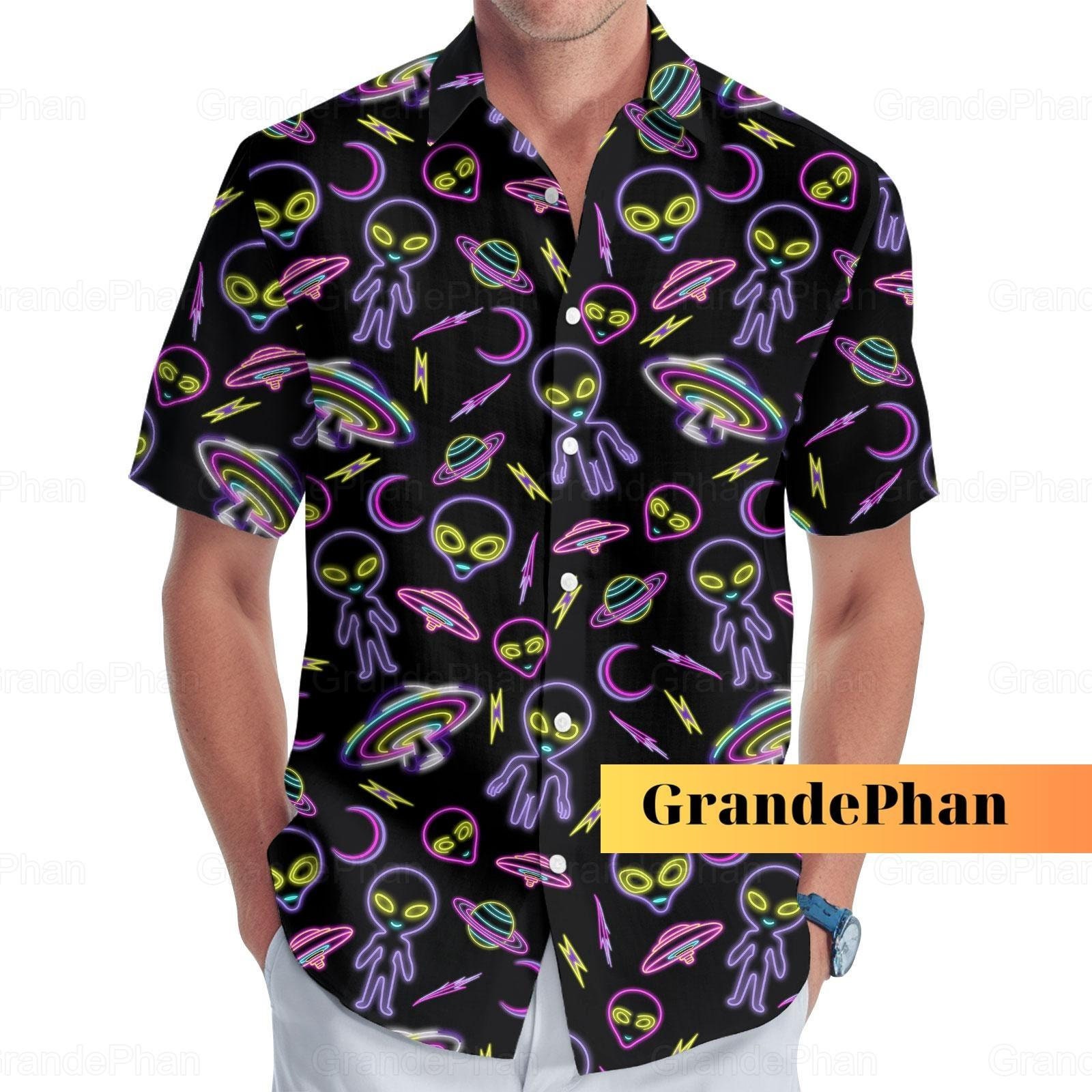 Alien Neon Button Shirt, Aliens Button Shirt Men, Alien Ufo Shirt, Mens ...