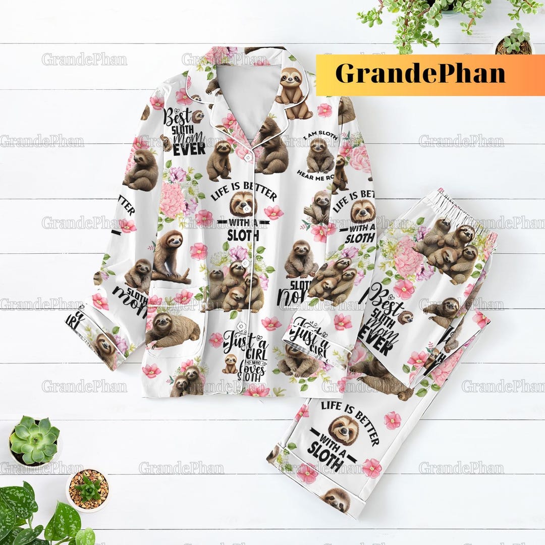 Sloth Animal Pajamas Set, Cute Sloth Christmas Pajamas, Sloth Women ...