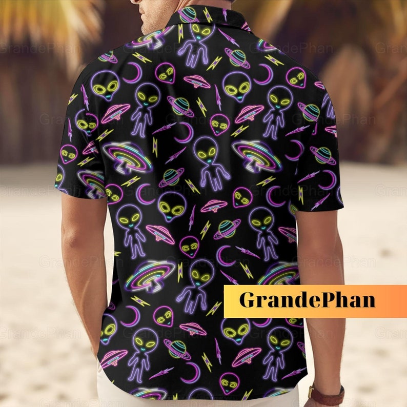 Alien Neon Button Shirt, Aliens Button Shirt Men, Alien Ufo Shirt, Mens ...