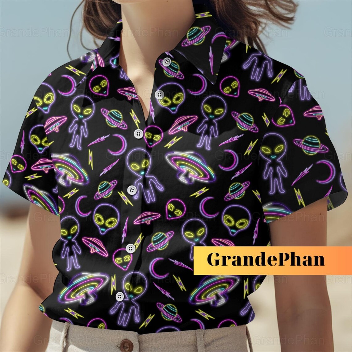 Alien Neon Button Shirt, Aliens Button Shirt Men, Alien Ufo Shirt, Mens ...