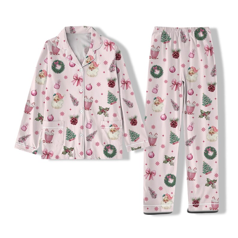 Pink Santa Christmas Pajamas Set, Coquette Bow Santa Pajamas, Holiday ...