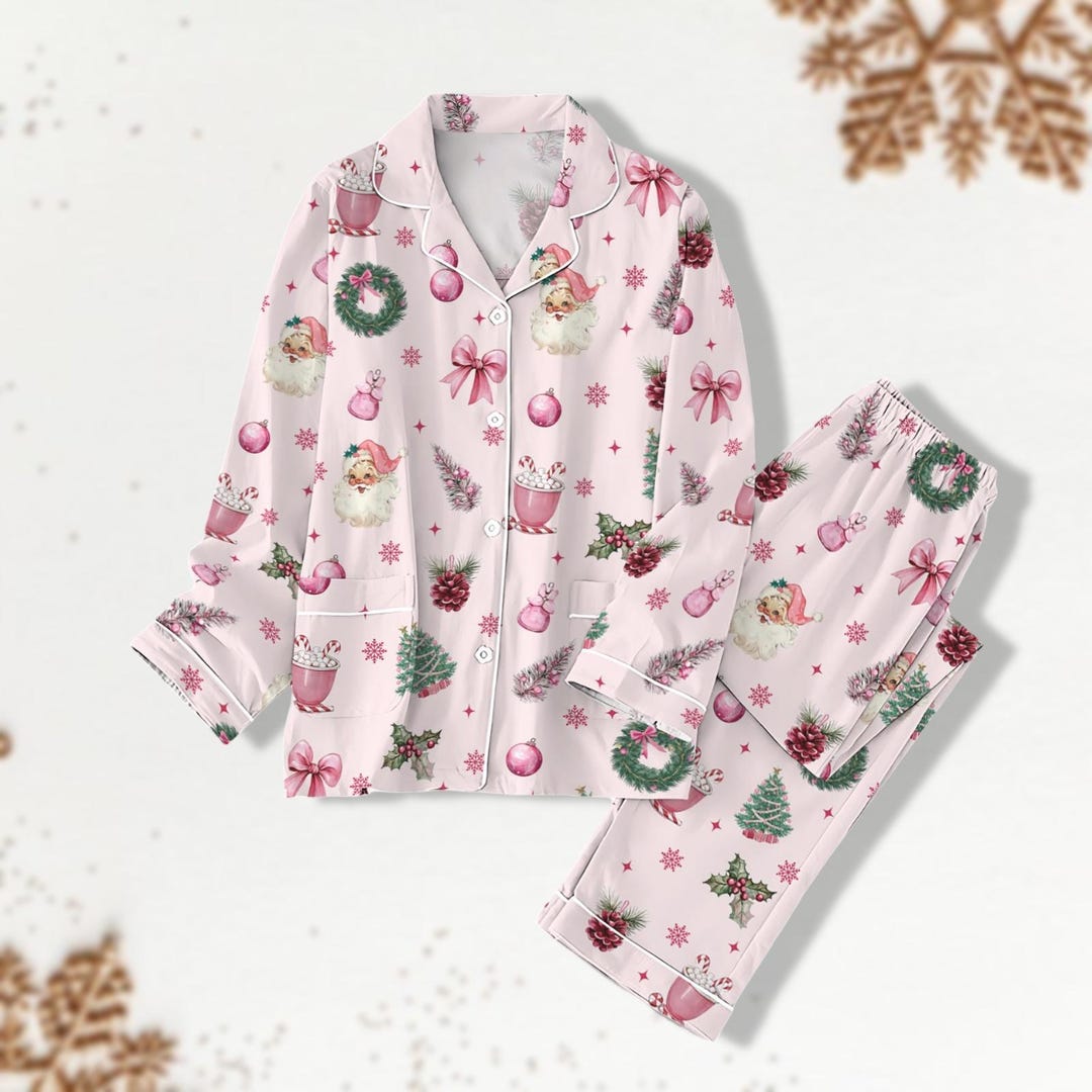 Pink Santa Christmas Pajamas Set, Coquette Bow Santa Pajamas, Holiday ...