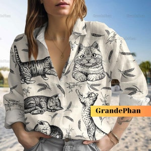 Cat Women Blouse Shirt, Cat Women Blouses, Cat Lover Shirt, Cat Button ...