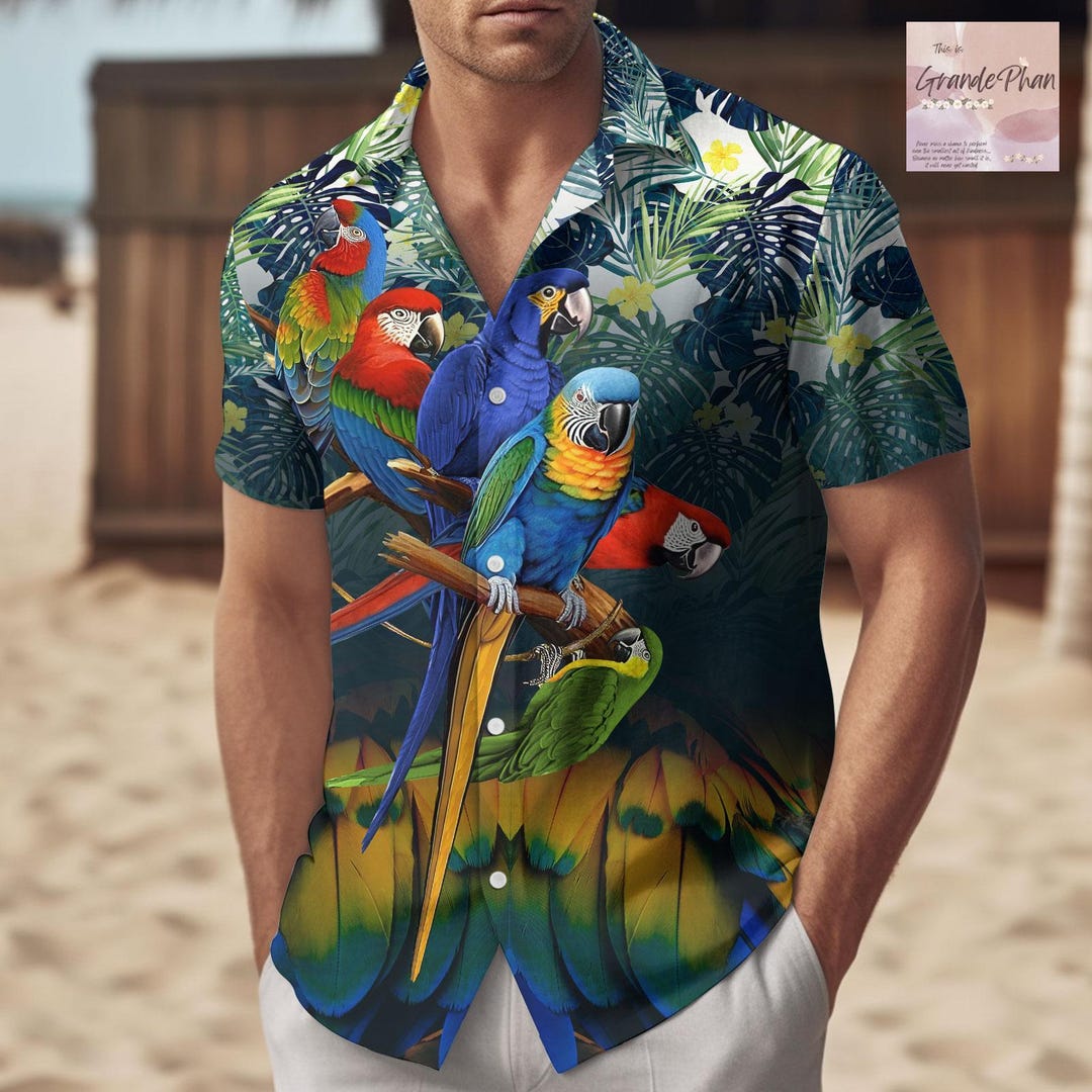 Parrots Hawaiian Shirt, Bird Lover Button up Shirt, Tropical Summer ...