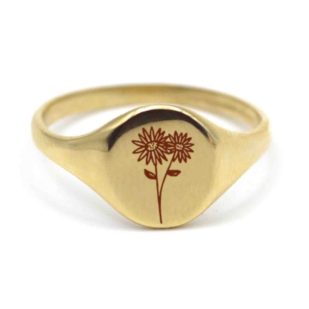 Daisy Flower Gold Ring / Birth Flower Signet Ring / 14k Solid Signet ...