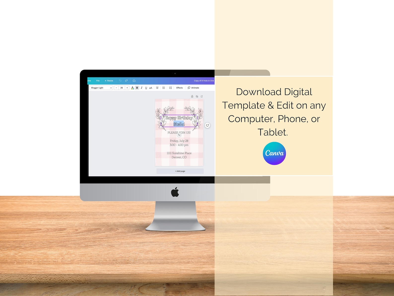 Pink Gingham Girl Birthday Invitation, Digital Canva Download, Floral ...