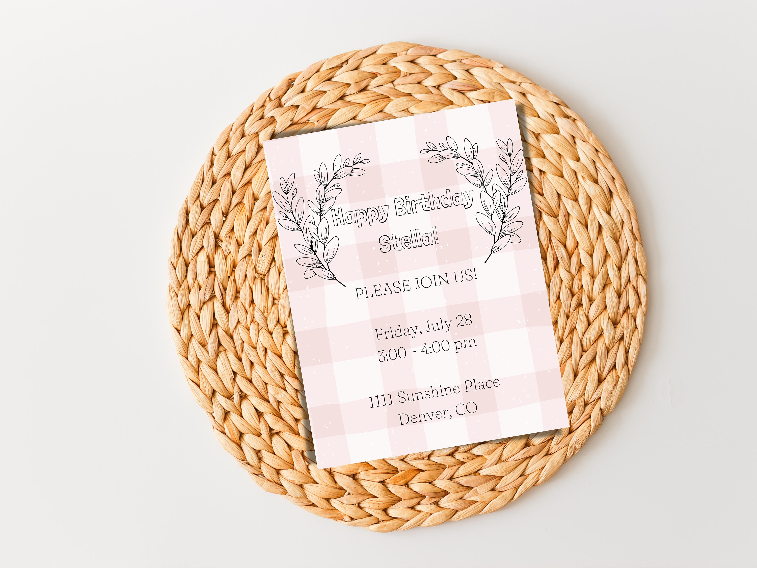 Pink Gingham Girl Birthday Invitation, Digital Canva Download, Floral ...