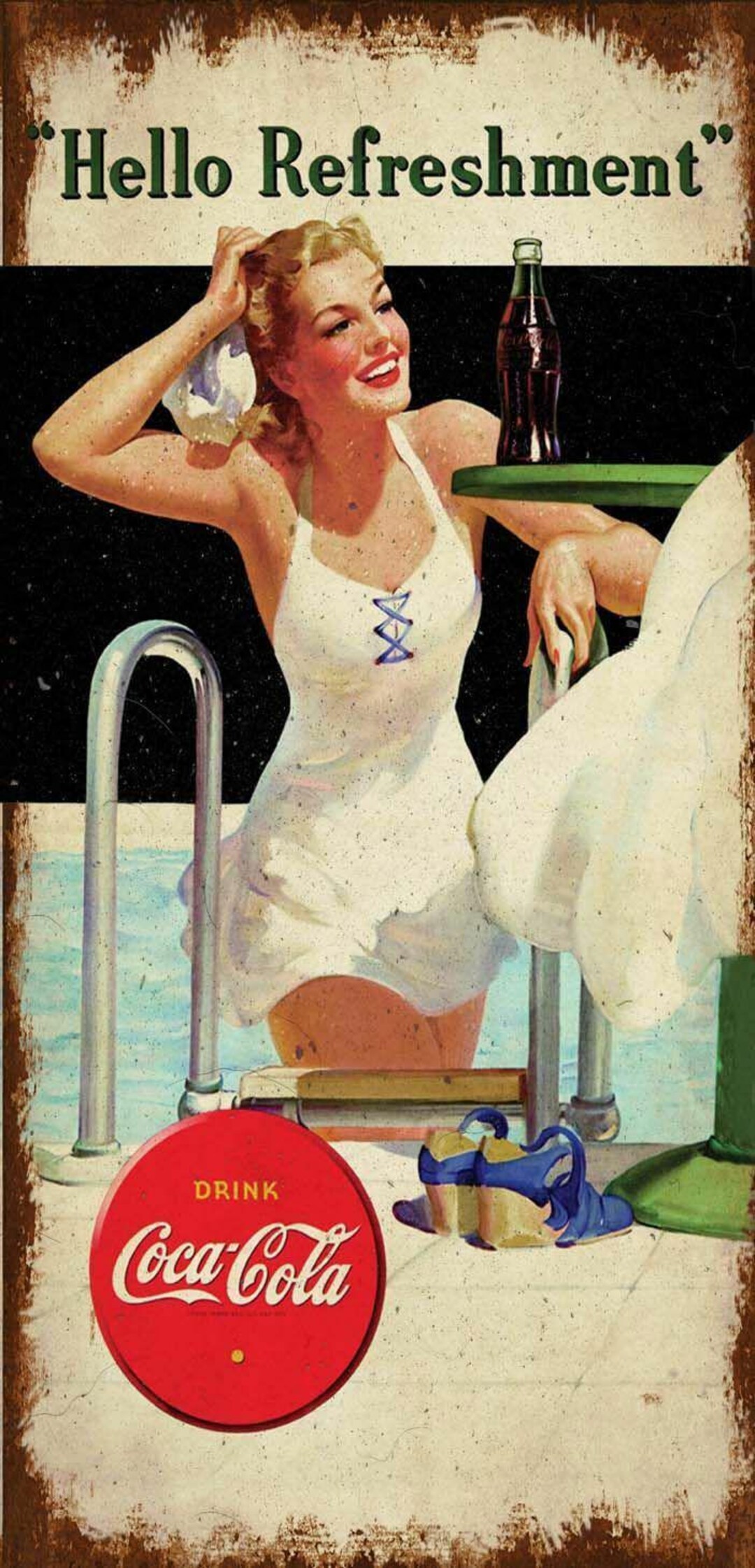 Coca Cola Hello Refreshment Pool Girl 20" Heavy Duty USA Made Metal ...