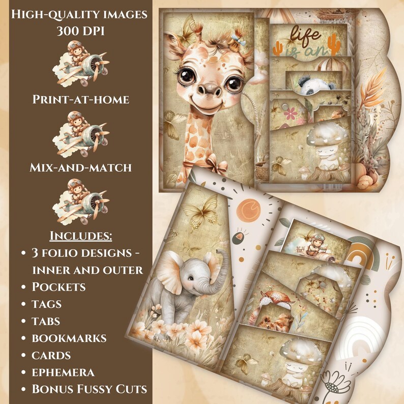 Boho Safari Folio Kit | Printable Pages | Soft Pastel Safari Animals ...