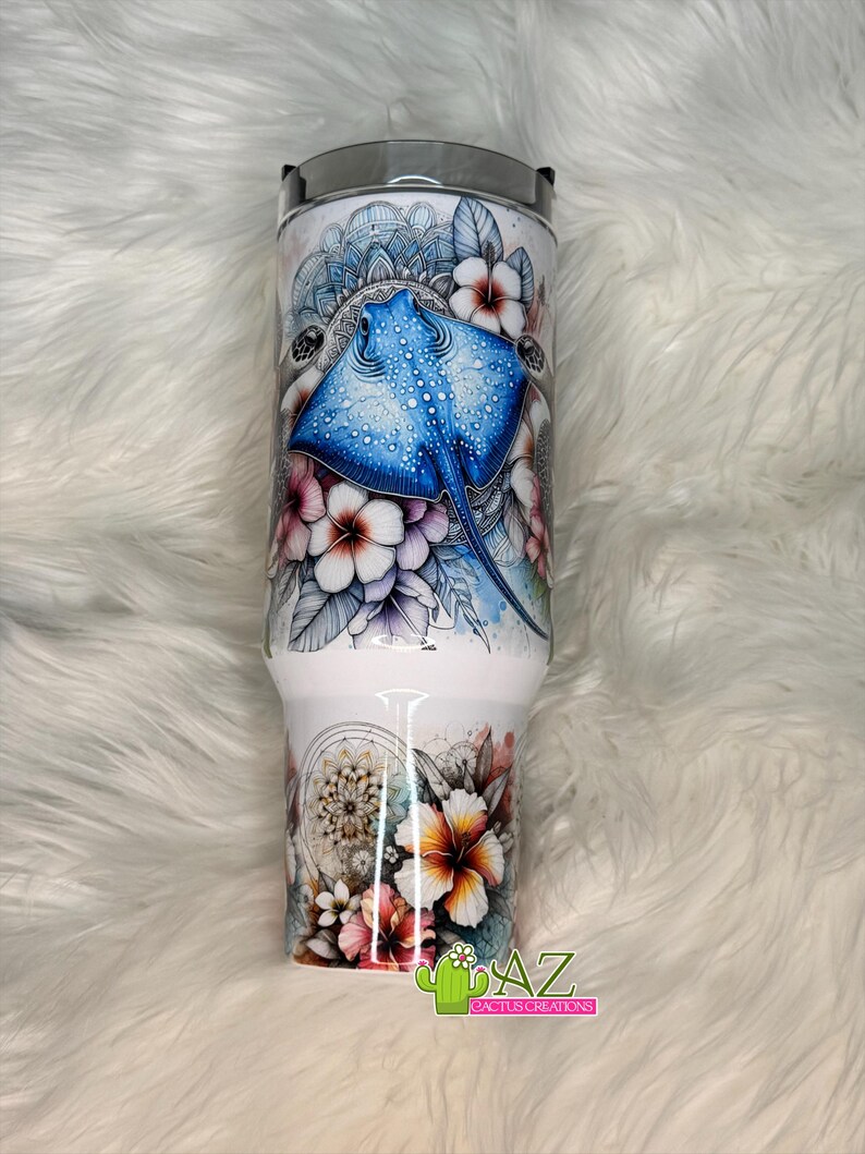 Sea Turtle Stingray 40oz Tumbler – Ocean Floral Cup With Tropical ...