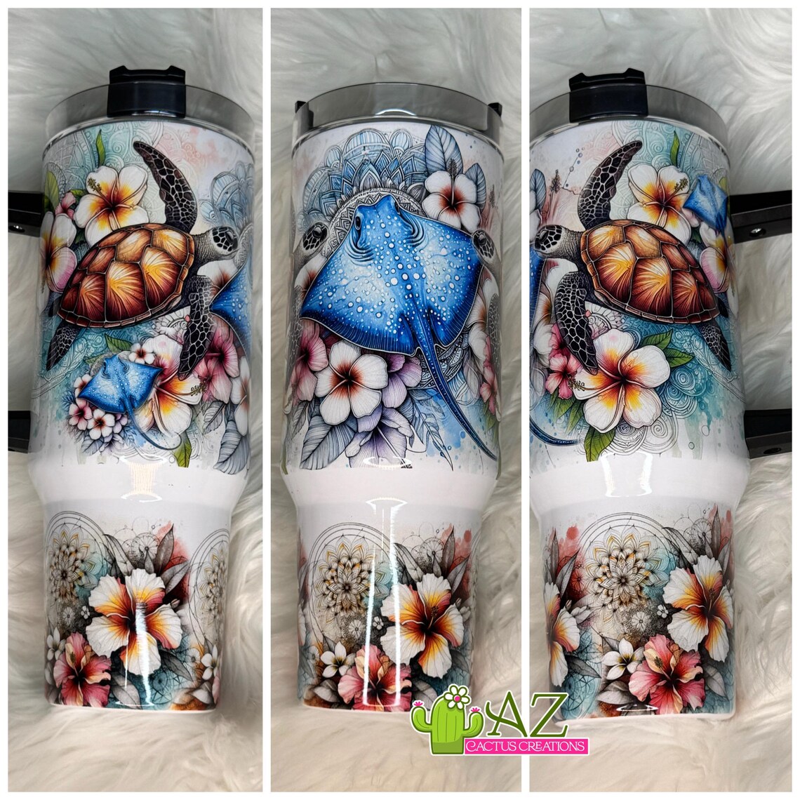 Sea Turtle Stingray 40oz Tumbler – Ocean Floral Cup With Tropical ...