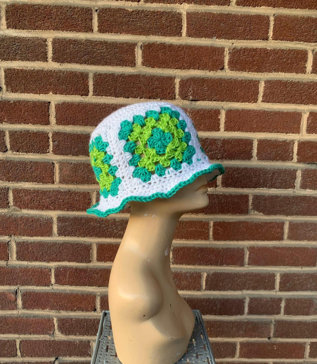 White & Green Granny Square Hat - Etsy