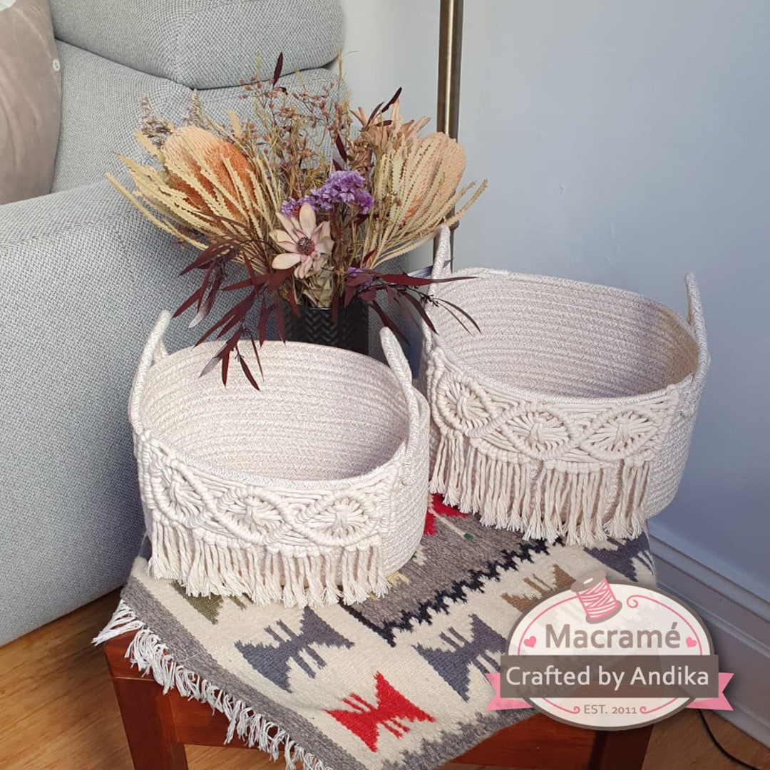 Upcycled Macrame Trimmed Storage Basket Fringed Rope Container ...