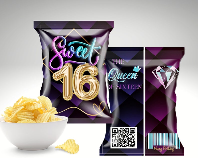Sweet Sixteen 16 Chip Bag Template. Customized Multi Color Party Favors ...