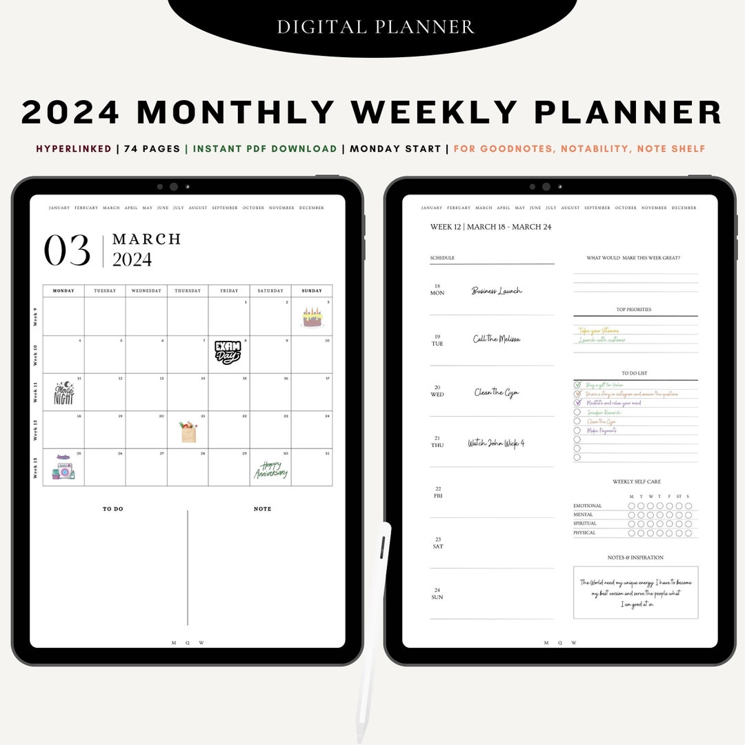 Planificador mensual 2024 Semanal vertical digital buenas - Etsy México