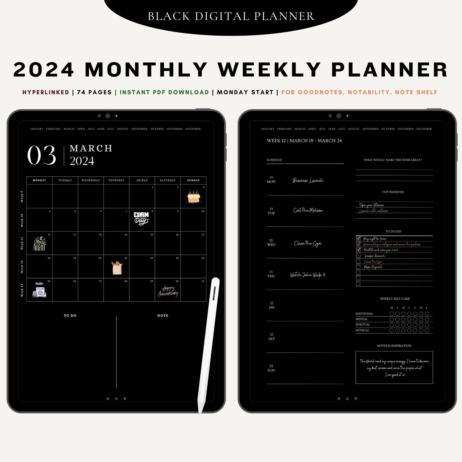 2024 Monthly Planner, 2024 Monthly Calendar Digital, Monthly Weekly ...