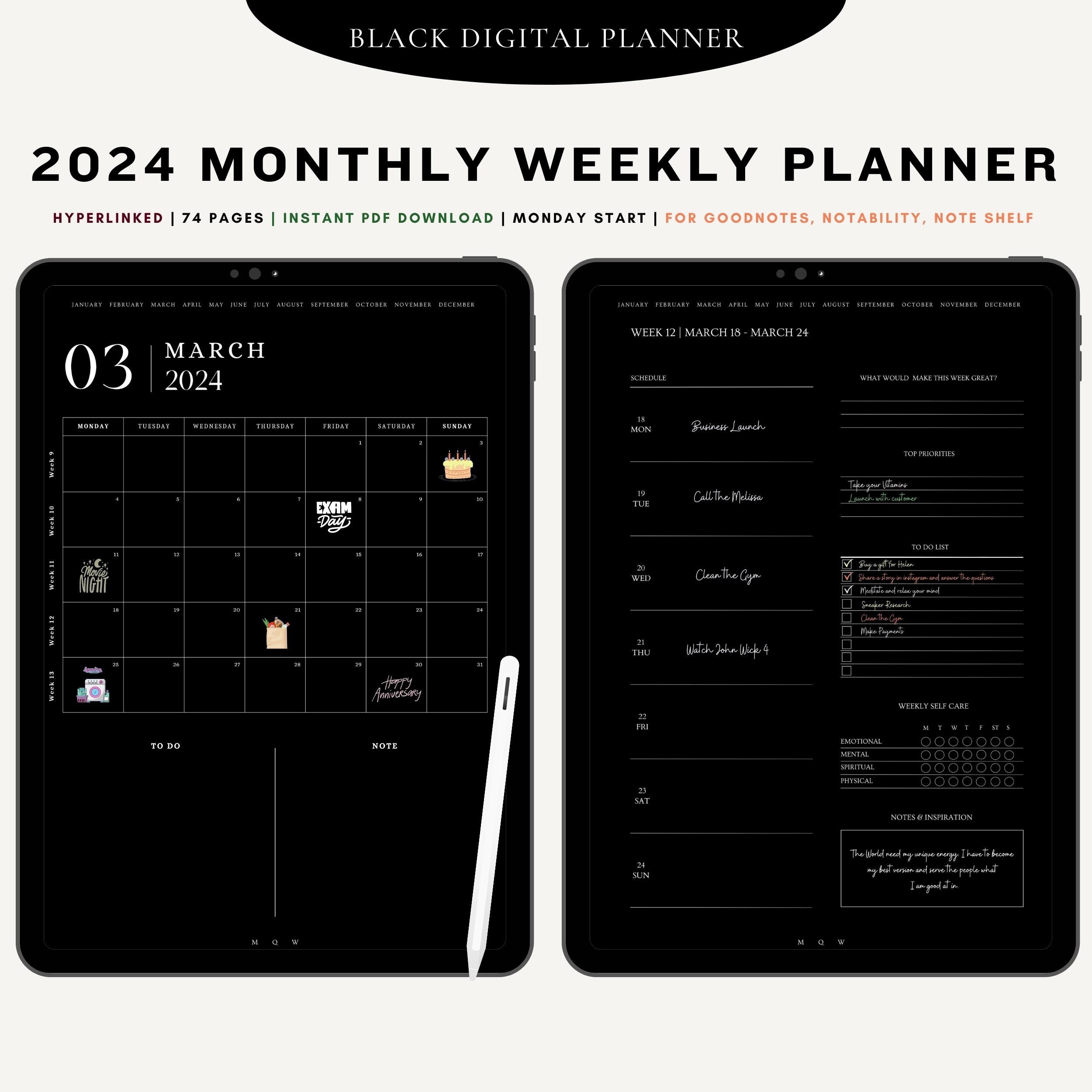2024 Monthly Planner, 2024 Monthly Calendar Digital, Monthly Weekly ...