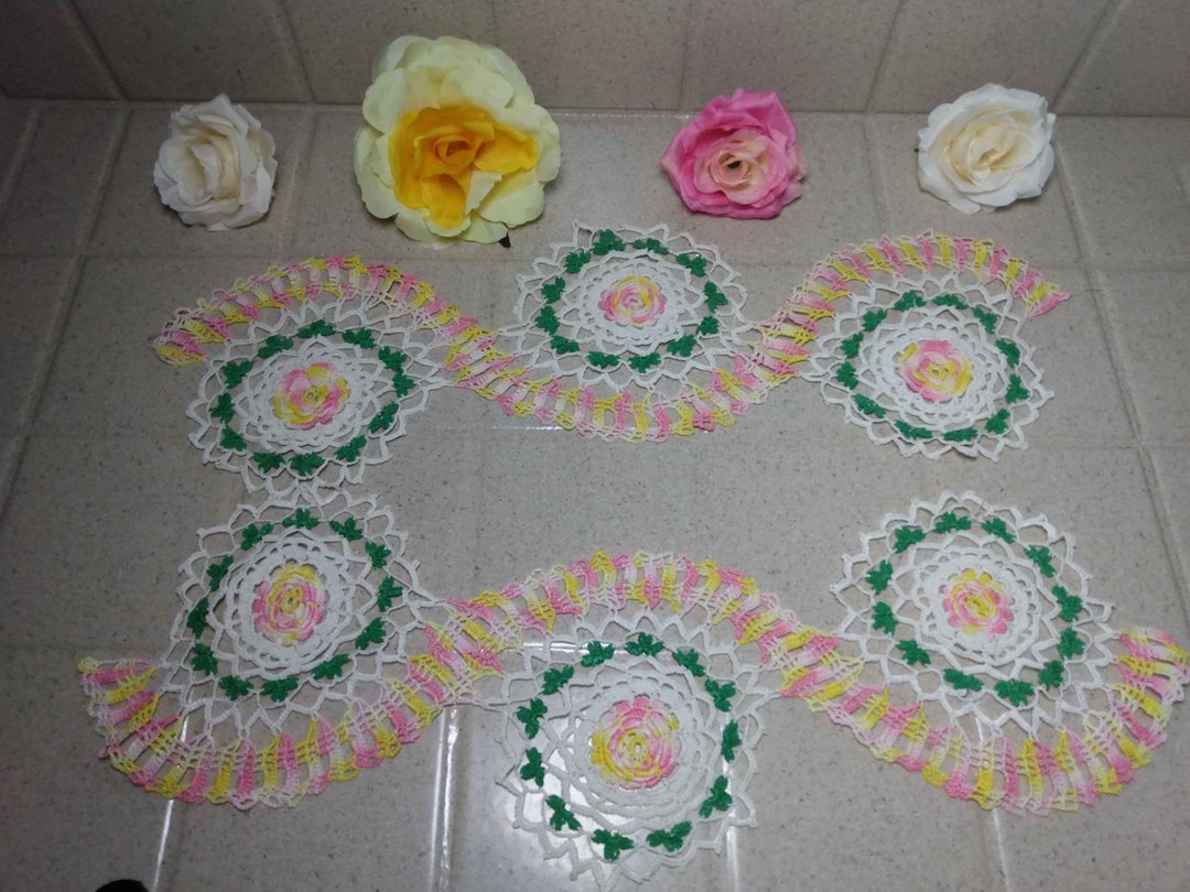 Two Unique Vintage Doilies Pink, Yellow, Green, White Floral Set of 2 ...
