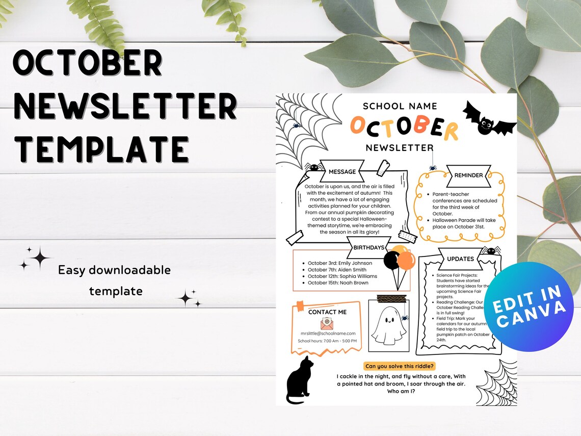 October Newsletter Template, Newsletter Template, Editable Newsletter ...