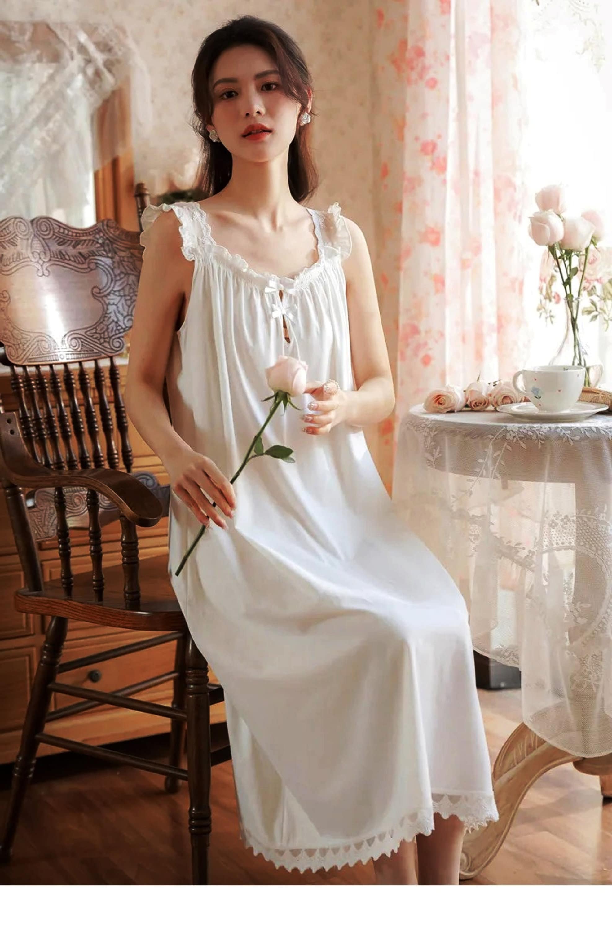 Vintage Summer Nightdress, Cotton Nightgown, Sleeveless Victorian ...