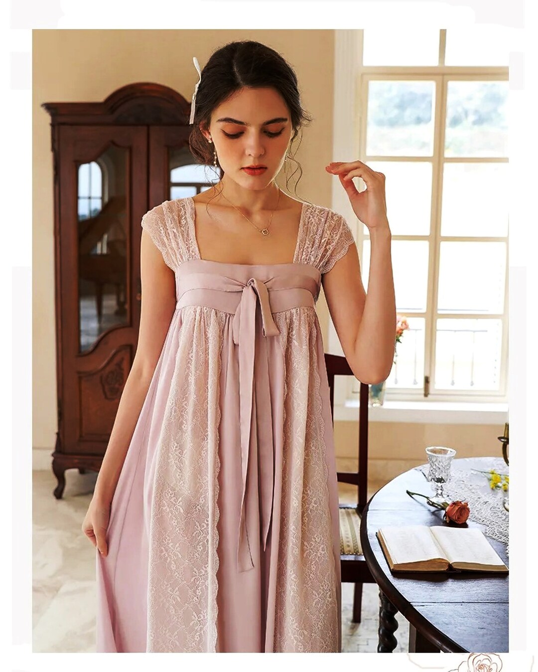 Sleeveless Nightgown Summer,, Lace Satin Gown for Women, Beautiful Lace ...