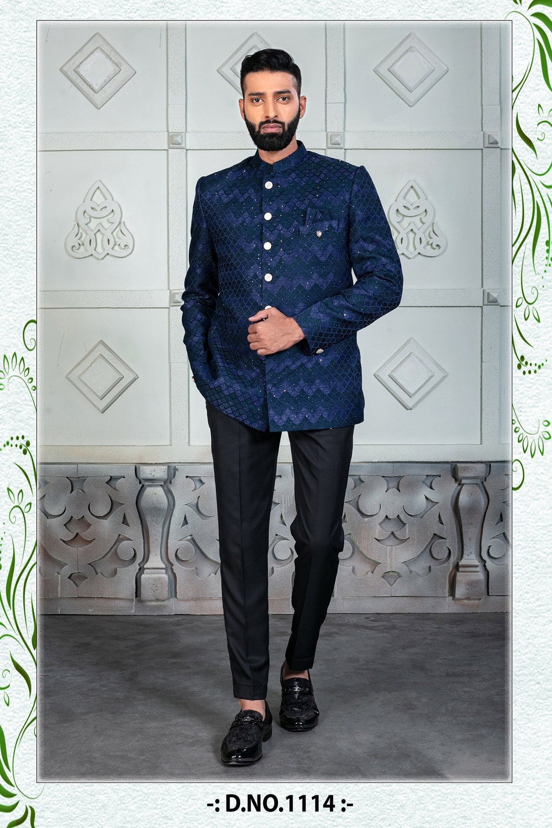 Navy Blue Jodhpuri Jacket Wedding Jodhpuri Jacket Patterned Indian Groom Sherwani, Plus Size ...