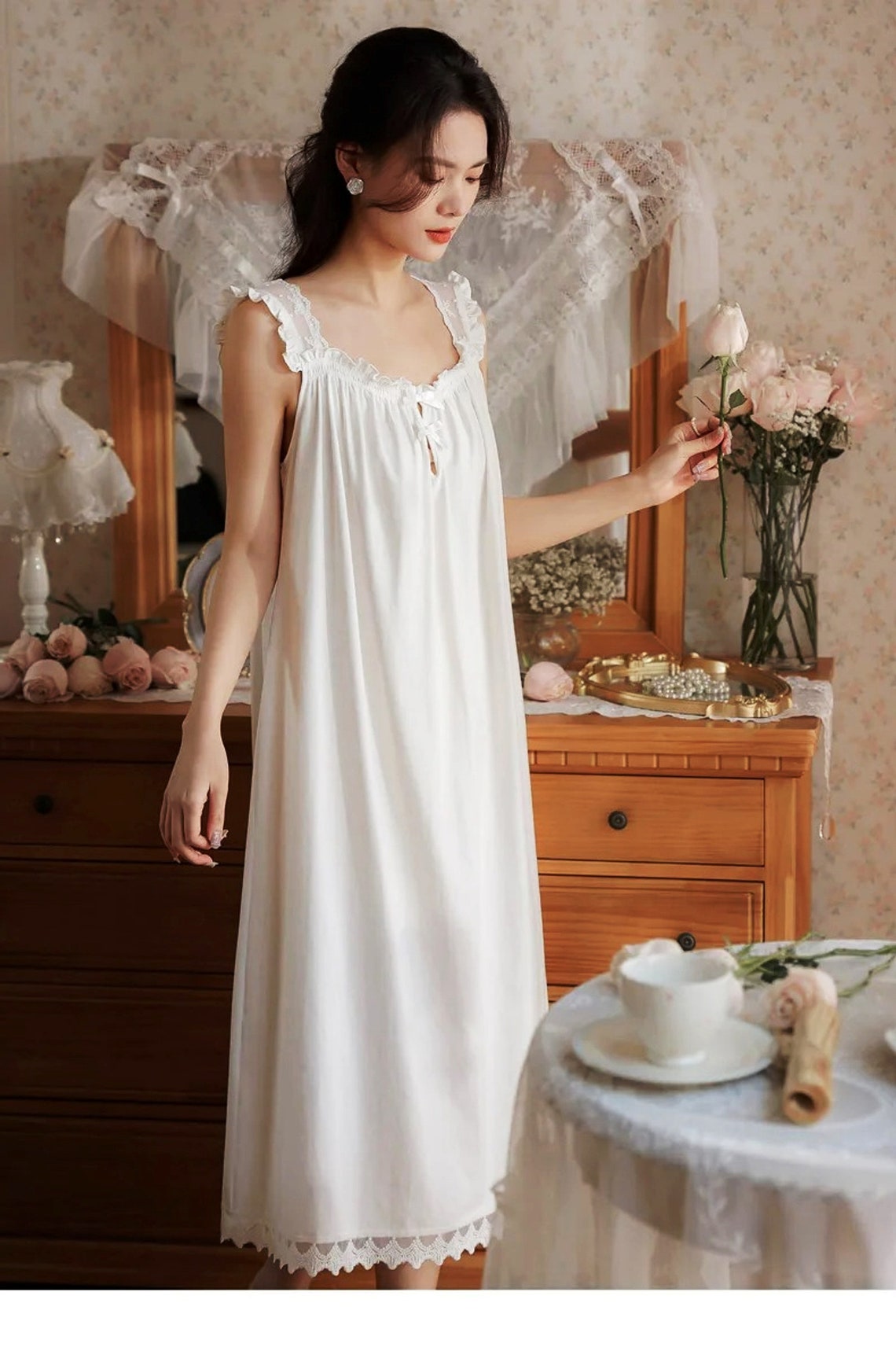 Vintage Summer Nightdress, Cotton Nightgown, Sleeveless Victorian ...