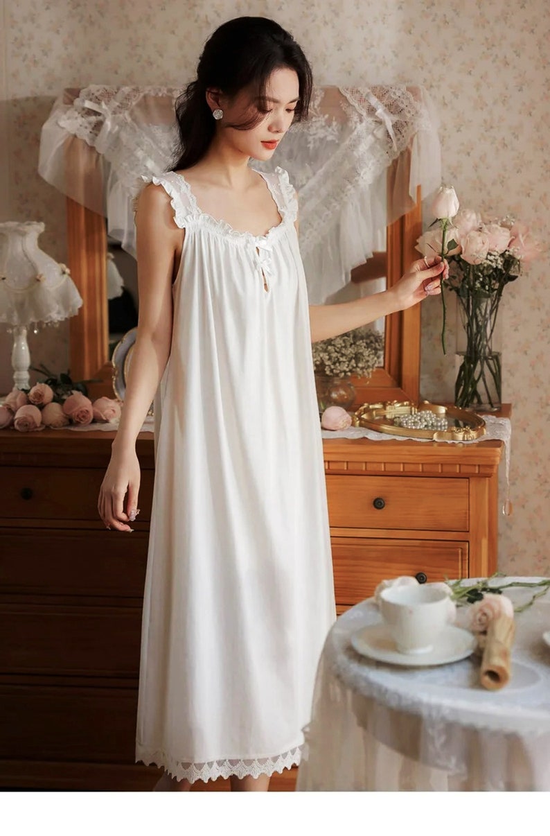 Vintage Summer Nightdress, Cotton Nightgown, Sleeveless Victorian ...