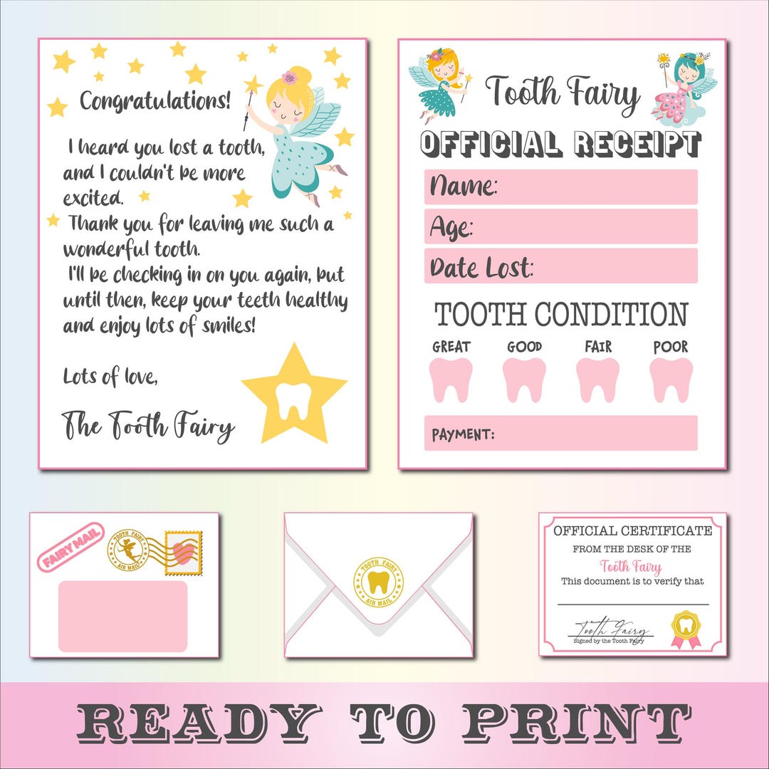 Printable Mini Pink Tooth Fairy Letter With Envelope, Tooth Receipt ...