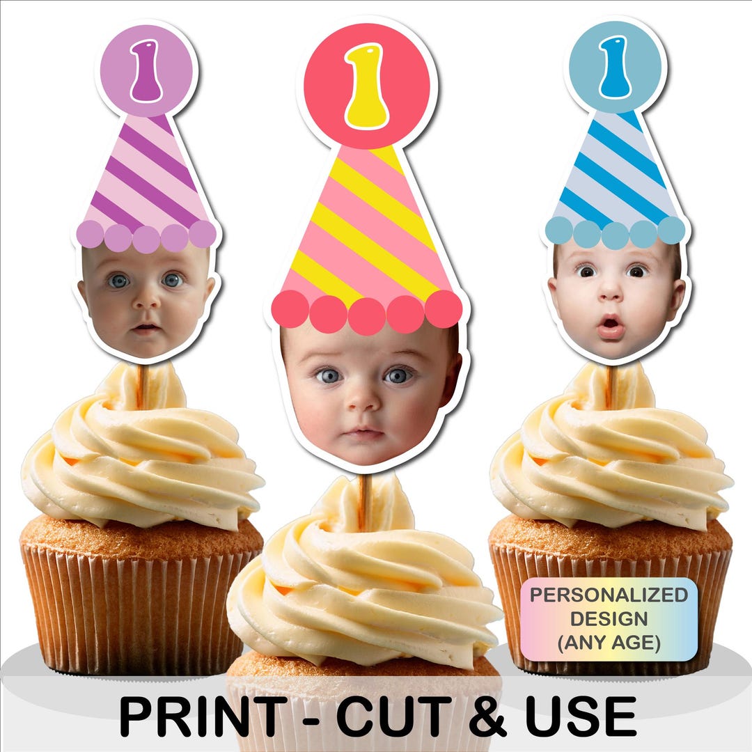 Custom Age Party Hat Cupcake Toppers, Baby First Birthday Party, Baby ...